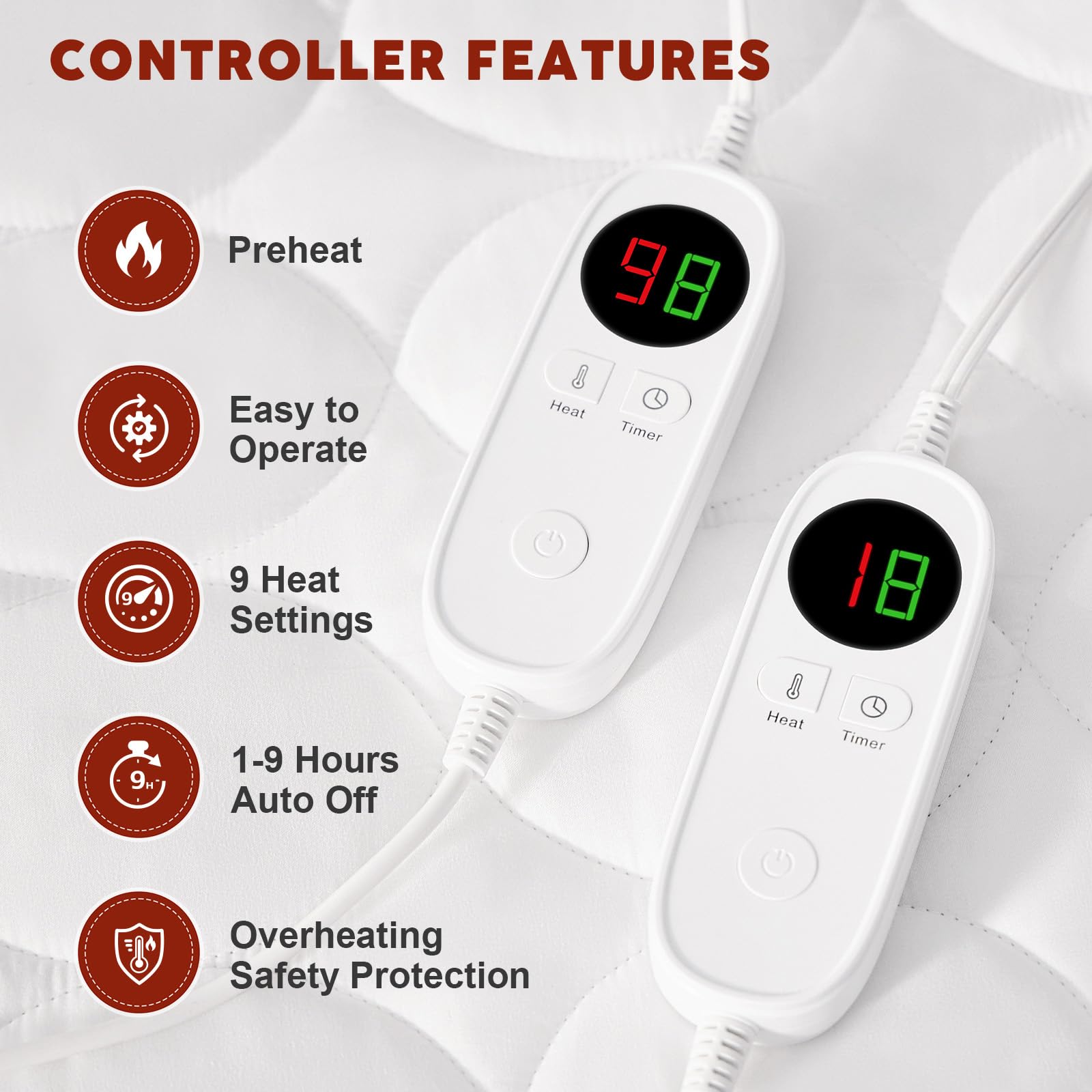 MASVIS Heated Mattress Pad Queen Size with Dual Control - Quilted Electric Mattress Pad Cover - Auto Shut Off Electric Bed Warmer with Deep Pocket, Machine Washable, White