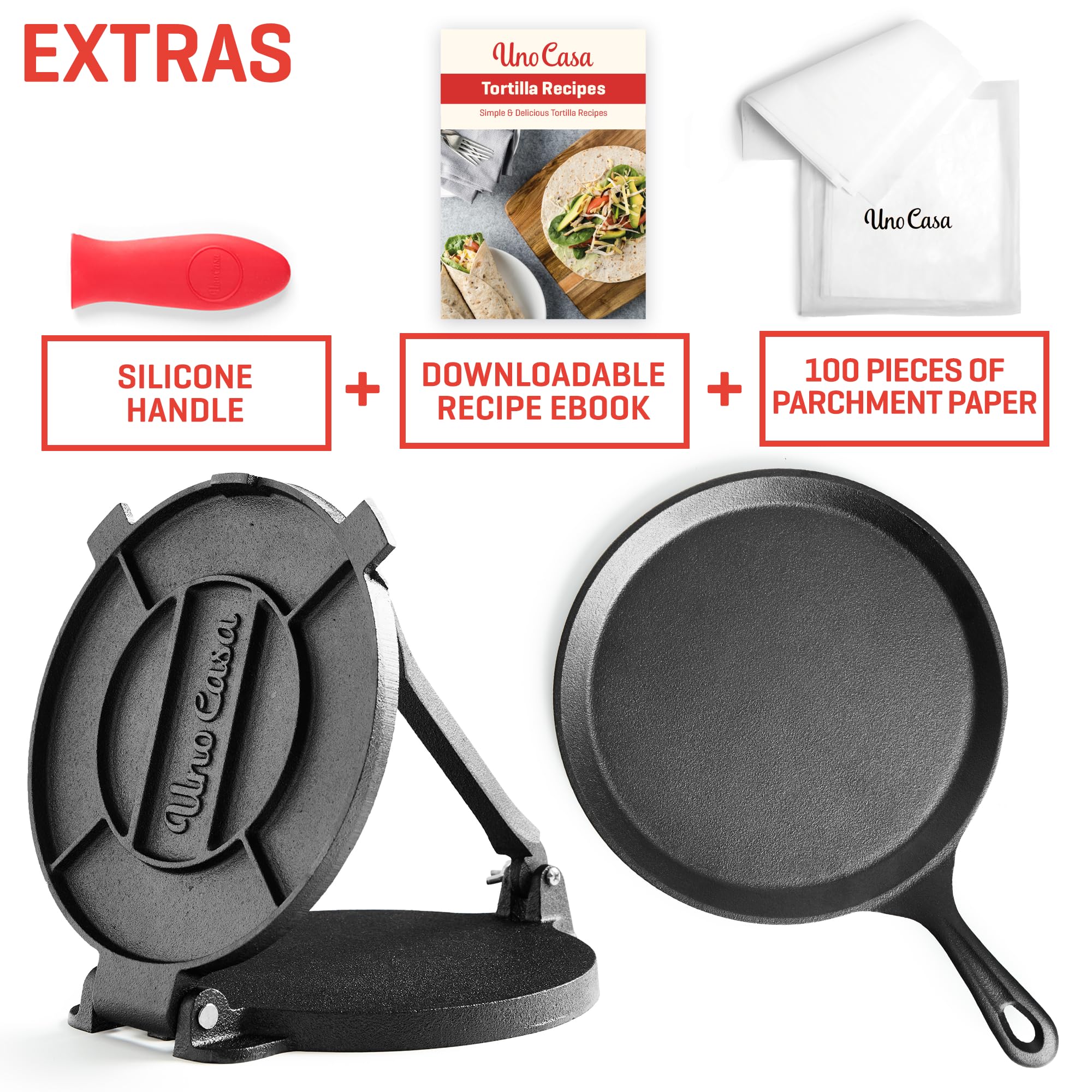 Uno Casa Cast Iron Tortilla Press 10 Inch with Cast Iron Comal Pan - Bundle of Cast Iron Tortilla Skillet for Roti Pan, Tawa Pan, Dosa Pan & Tortilla Press Pataconera