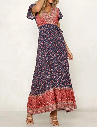 R.Vivimos Women's Summer Short Sleeve Floral Print Bohemian Beach Waist Tie Wrap Long Flowy Dress with Slit (XL, Dark Blue#2)
