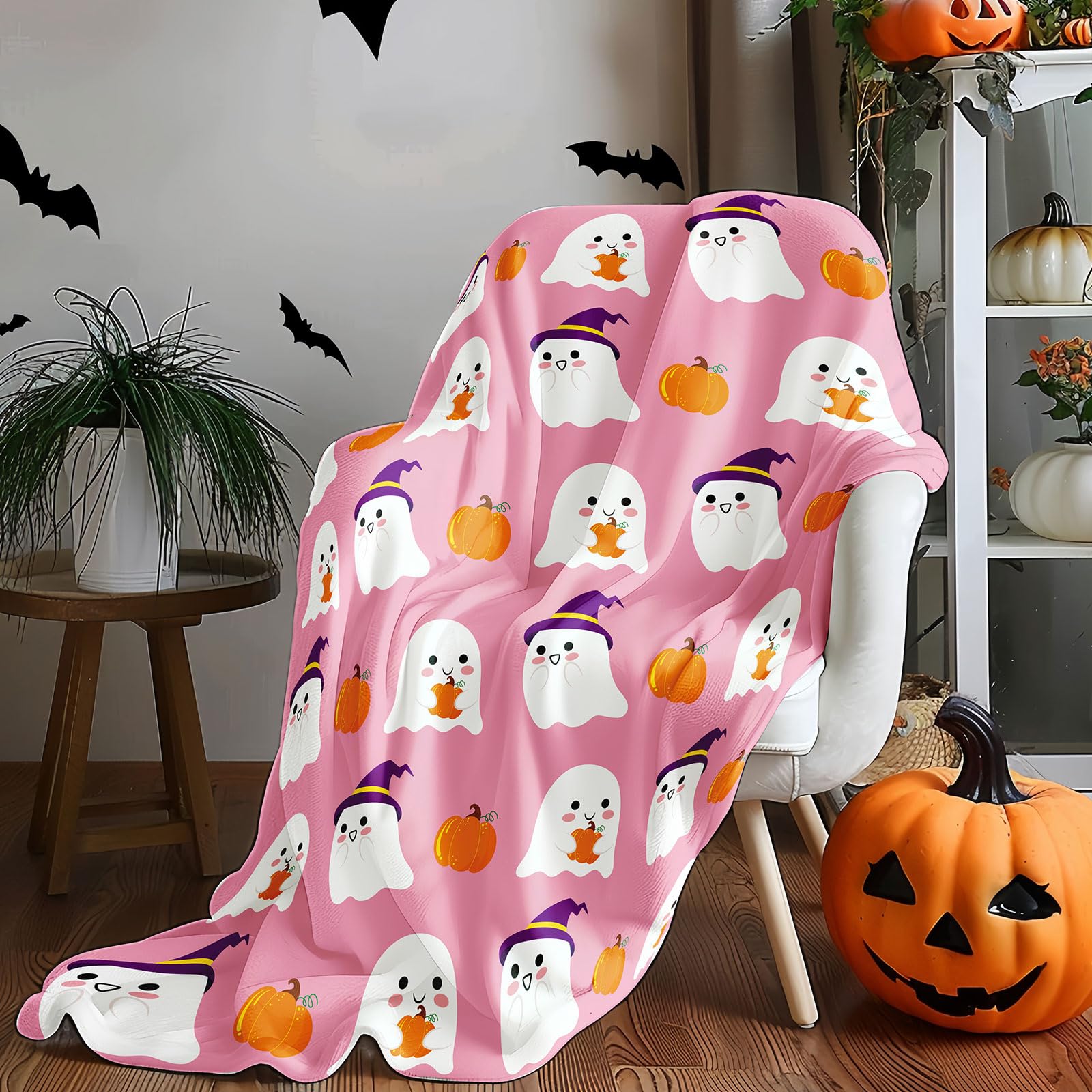 Jansun Halloween Pink Flannel Blanket, 60 x 50 Inch Ghost Pumpkin Throw Blanket Lightweight Reversible Blankets Plush Throw Blanket Soft Living Room Couch Bed Blanket for Girls Boys