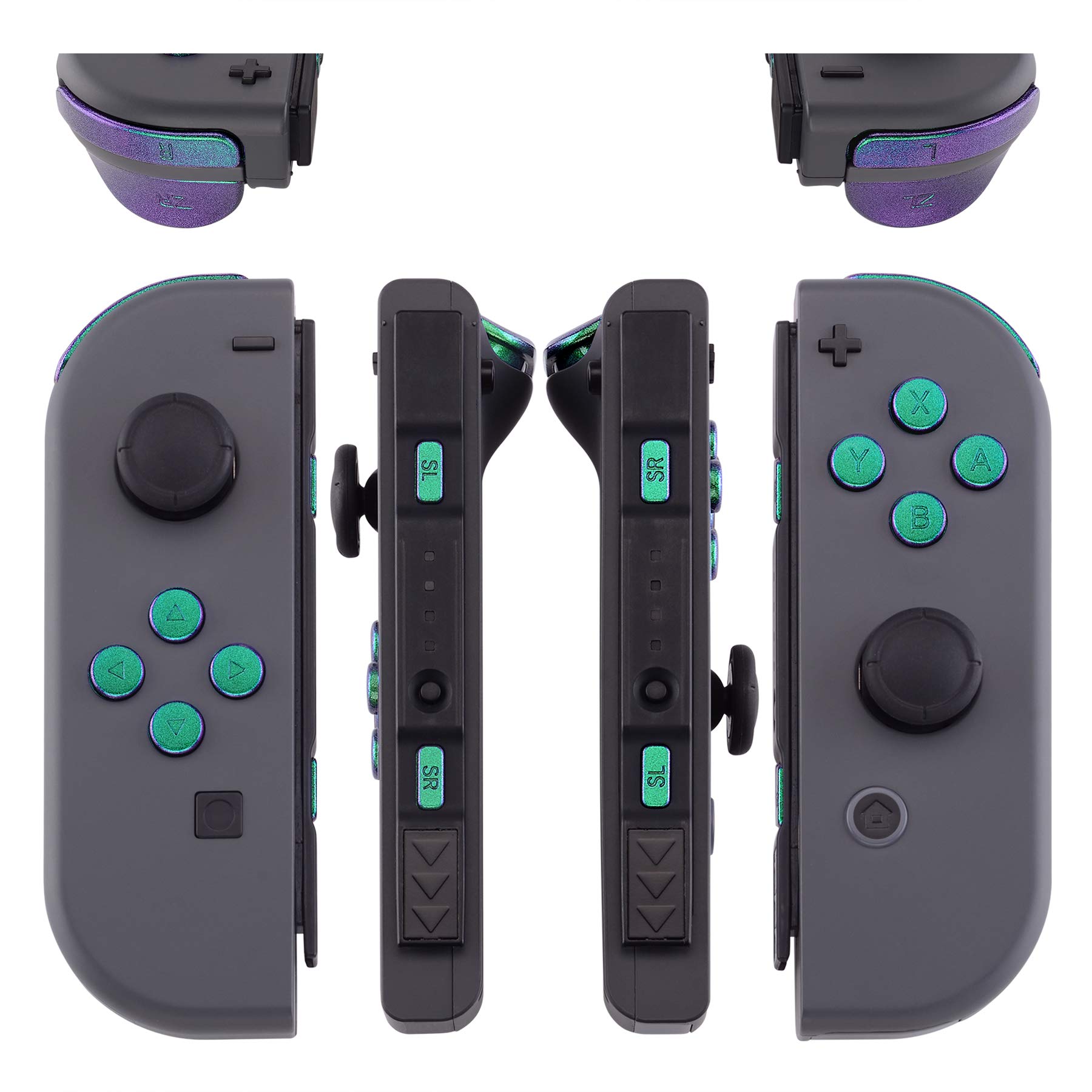 eXtremeRate DIY Full Set Buttons for Nintendo Switch & Switch OLED, Replacement Button for JoyCon, ABXY Direction Keys SR SL L R ZR ZL + - Home Capture Trigger Buttons Springs - Chameleon Green Purple