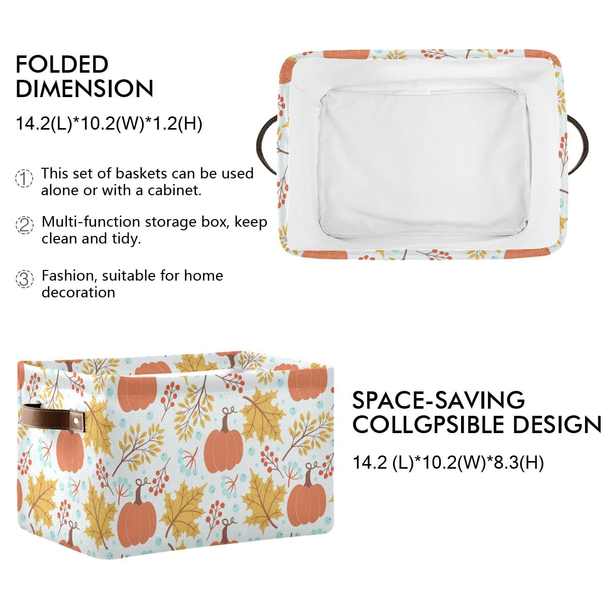 Fall Pumpkin Storage Basket Fabric Storage Bin Laundry Baskets Autumn Maple Leaves Foldable Storage Boxes Organizer Bag for Baby Cloth Dog Toy Book Storage Cubes Shelf Closet Basket 16×12×8 Inches