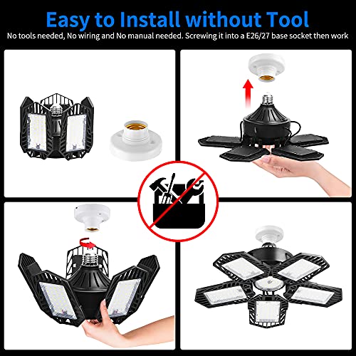 LED Garage Lights 2 Pack, 150W 15000 Lumens Daylight Garage Light, Deformable Garage Ceiling Lights with 5 Ultra Bright Adjustable Panels, E26/E27 LED Shop Lights for Workshop Barn Basement Warehouse