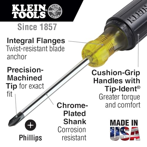Klein Tools 85442 Screwdriver 2-Piece Set, 1/4 Keystone and #2 Phillips, Cushion Grip, Round and Square Shank, Heat Treated, Meets or Exceeds ASME/ANSI
