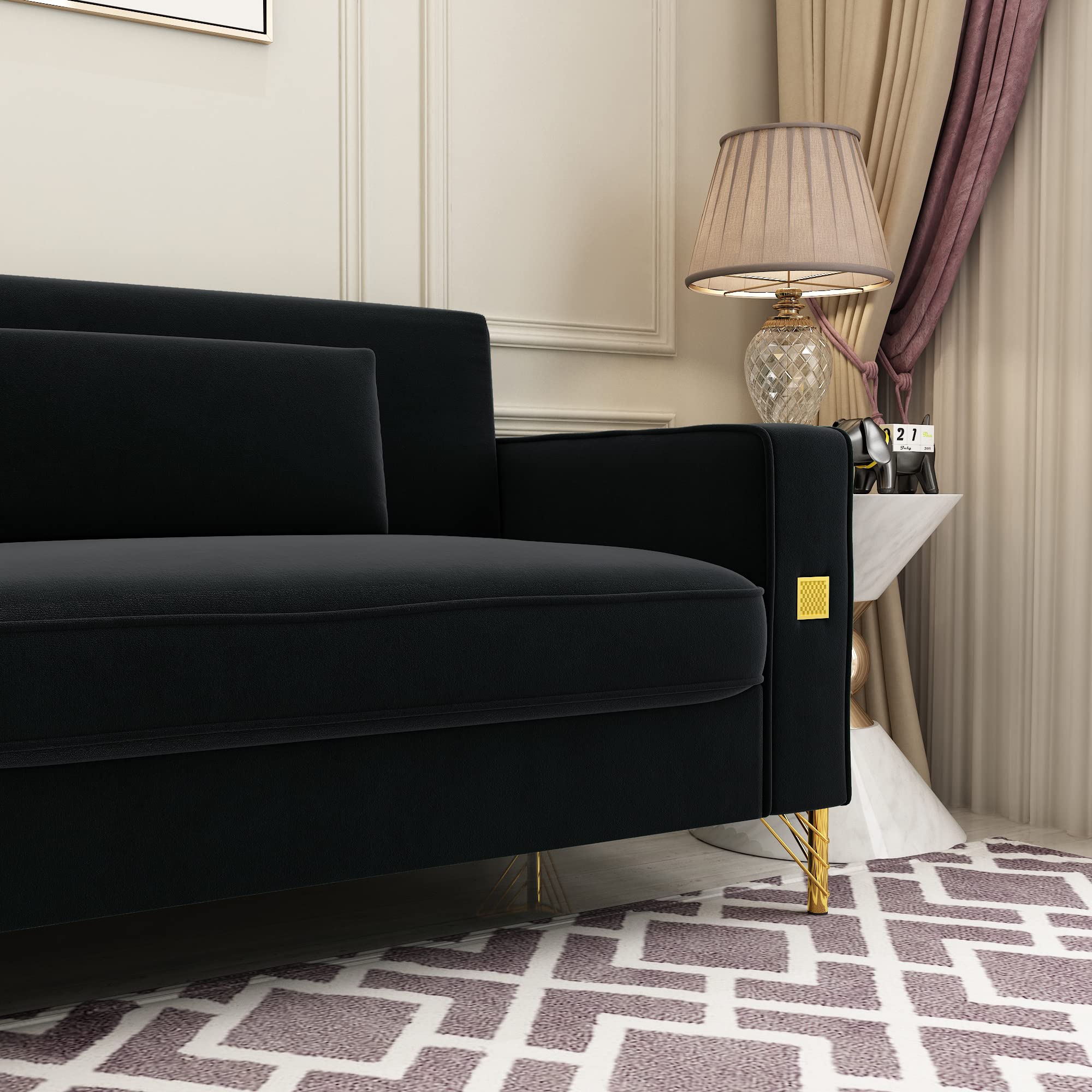 IQIAite 85" Wide Velvet Loveseat Sofa Mid Century Modern Comfy 3 Seat Couch Black Tufted Love Seat Sofas with 2 Pillows Gold Legs for Living Room Office Apartment Furniture Solid Wood Frame