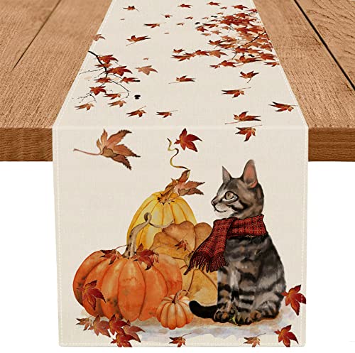 Fall Table Runner Pumpkins Cat Maple Leaf Autumn Harvest Seasonal Thanksgiving Decorations for Home Kitchen Dining Room Party Decor 13 x 72 Inch
