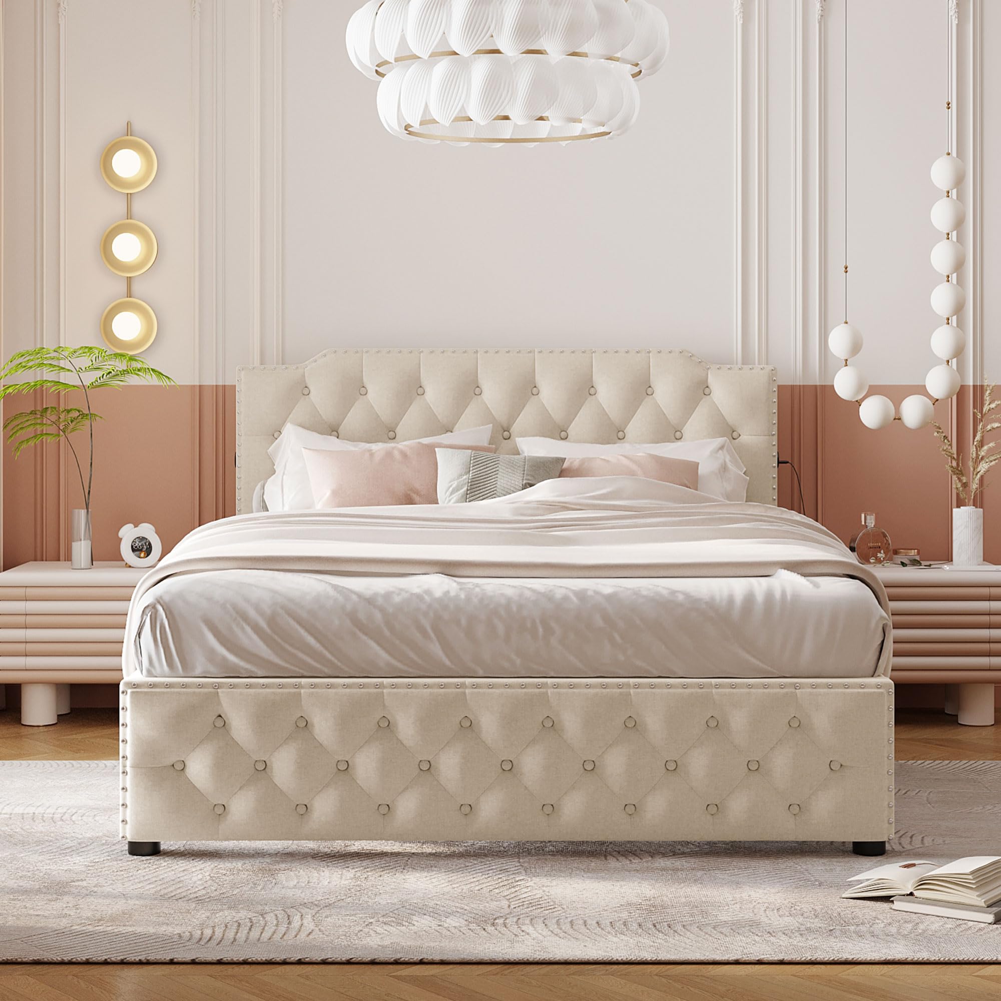 Luxo Abode Queen Size Upholstered Platform Bed with 2 Drawers and 1 Twin XL Size Trundle, Classic Headboard Design, No Box Spring Need and Easy to Assembly,for Bedroom, Guest Room, Apartment, Beige