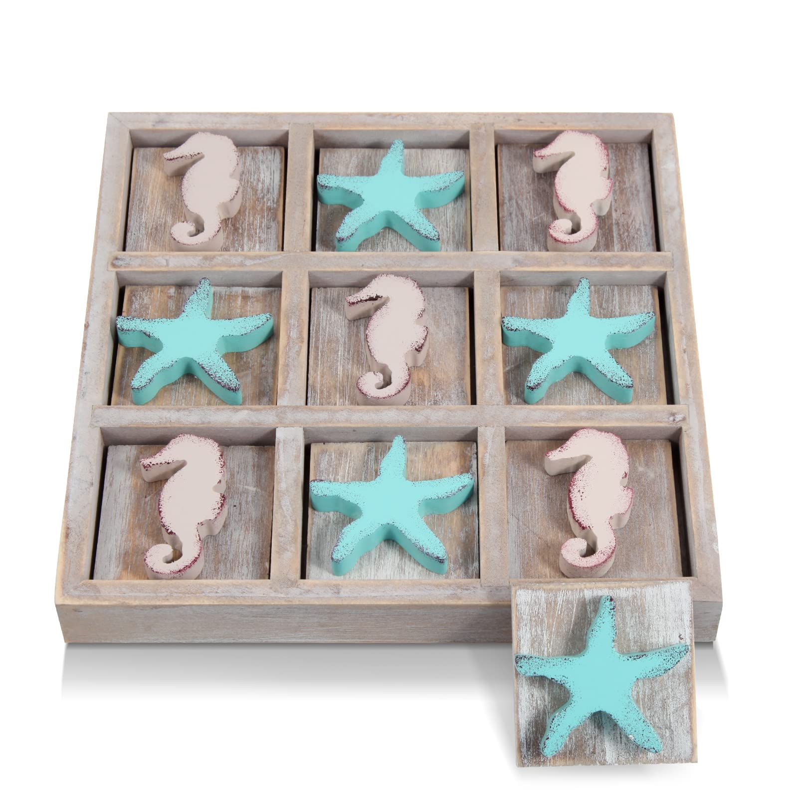 FAMIPLUS Coastal Tic Tac Toe Game Nautical Wooden Tic Tac Toe Board Game for Beach House Coffee Table Desk Decor, Rustic Brown
