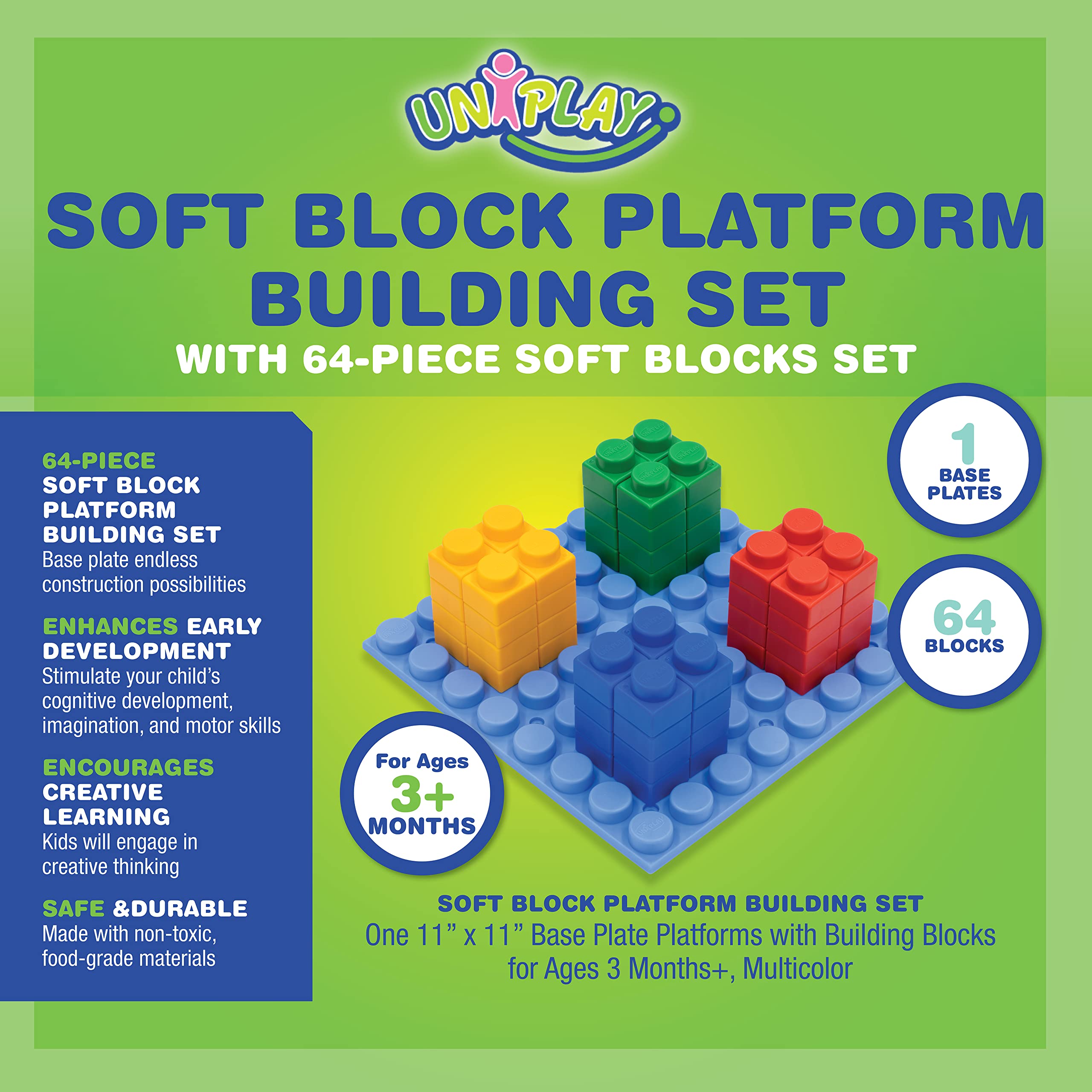 UNiPLAY Platform Soft Building Blocks β Educational Sensory Stacking Blocks, Learning Toy with 11 x 11 Inch Base Plate for Ages 3 Months and Up (64-Piece Set)