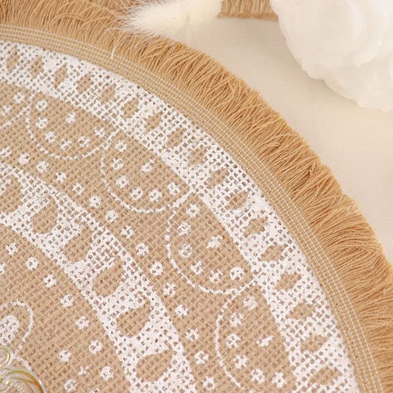 TABLECLOTHSFACTORY 4 Pack | Natural 15" Jute & White Print Fringe Placemats, Rustic Round Woven Burlap Tassel Table Mats