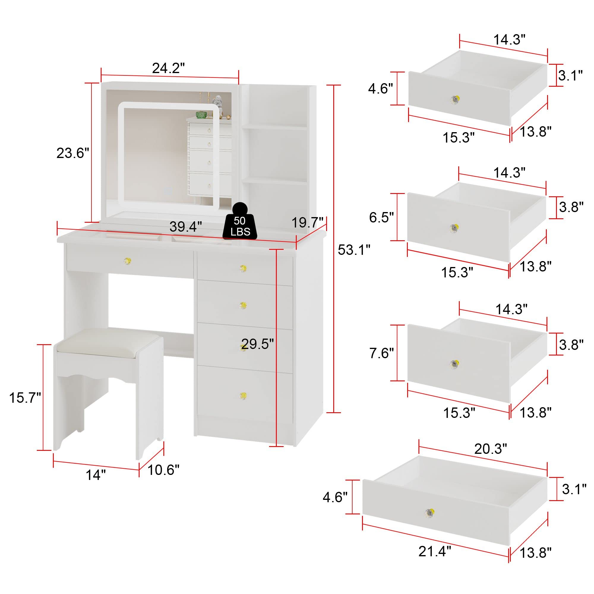 DiDuGo Vanity Desk with Mirrored Desktop & Sliding Lighted Mirror, Vanity Set Makeup Vanity with Drawers and Shelves, Crystal Handles, Cushion Stool, White