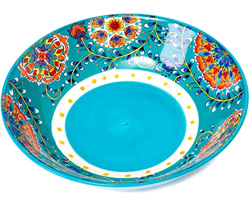 MICROWAVE SAFE Holiday Christmas DInner Ceramic Large Serving Bowl Pasta Bowl Fruit Bowl Salad Bowl Party Holiday Bohemian Talavera Spanish Influenced Design (Turquoise)