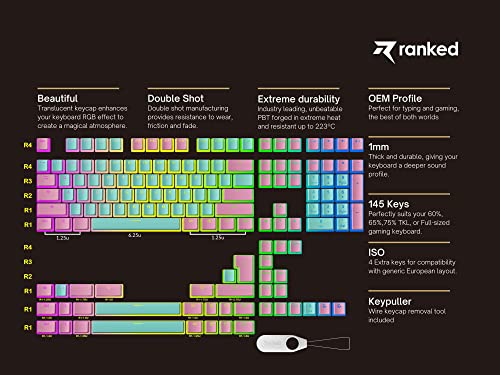 Ranked Pudding v2 PBT Keycaps | 145 Double Shot Translucent ANSI US & ISO Layout | OEM Profile for Full Size, TKL, 75%, 65% and 60% RGB Mechanical Gaming Keyboard (Miami)