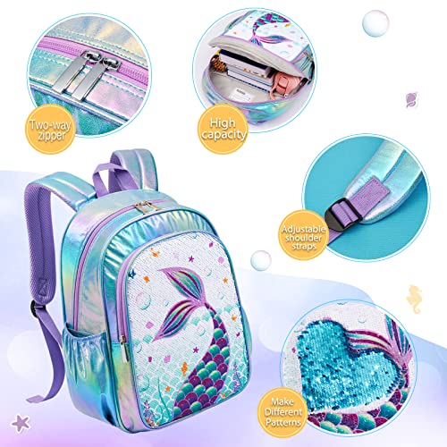 WAWSAM Glitter Mermaid Backpack Set - Sparkly School Backpack with Lunch Box for Girls Preschool Kindergarten Elementary 15β Blue Hiking Travel Book Bag Schoolbag Insulated Lunch Bag