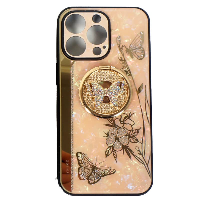 Topwin iPhone 14 Pro 6.1'' Kickstand Case, Cute 3D Butterfly Bling Glitter Marble Elegant Rhinestone Diamond Hard Back Soft TPU Bumper Cover for Girls for Apple iPhone 14 Pro 6.1 2022 (Rose Gold)