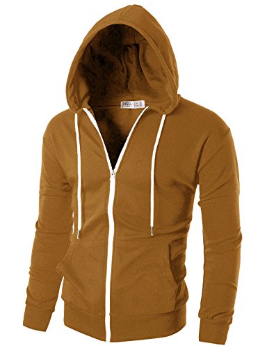 Ohoo Mens Slim Fit Lightweight Zip Up Hoodie with Pockets Long Sleeve Full-Zip Hooded Sweatshirt/DCF002-CAMEL-M