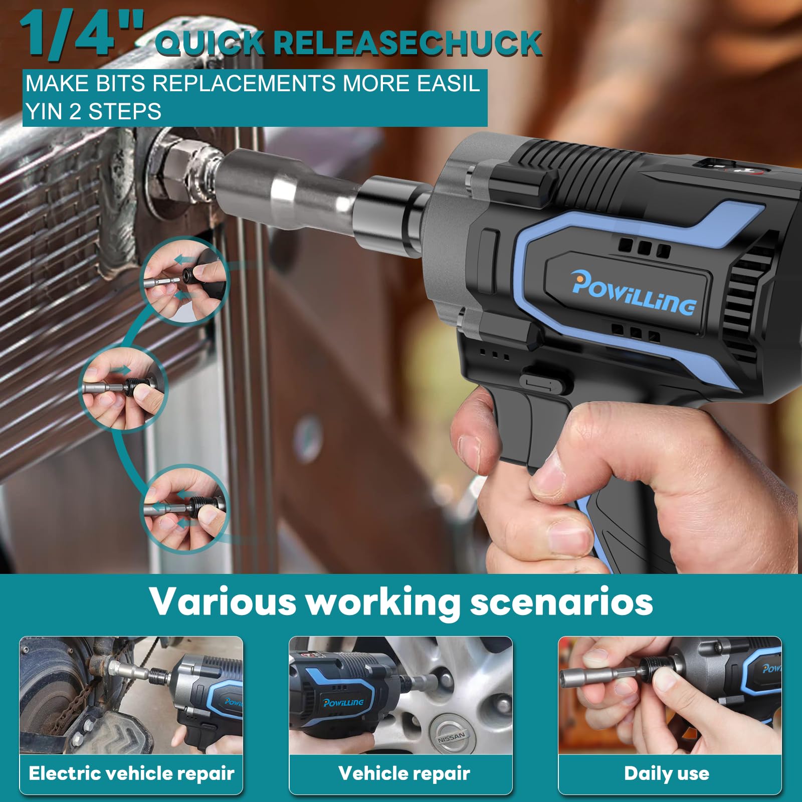 Powilling Impact Driver Kit - 20V Electric 1/4 Inch Hex Impact Drill/Driver Set,2 Variable Speed, with 6.0Ah Battery and Charger, 14Pcs Socket and Tool Case Includ