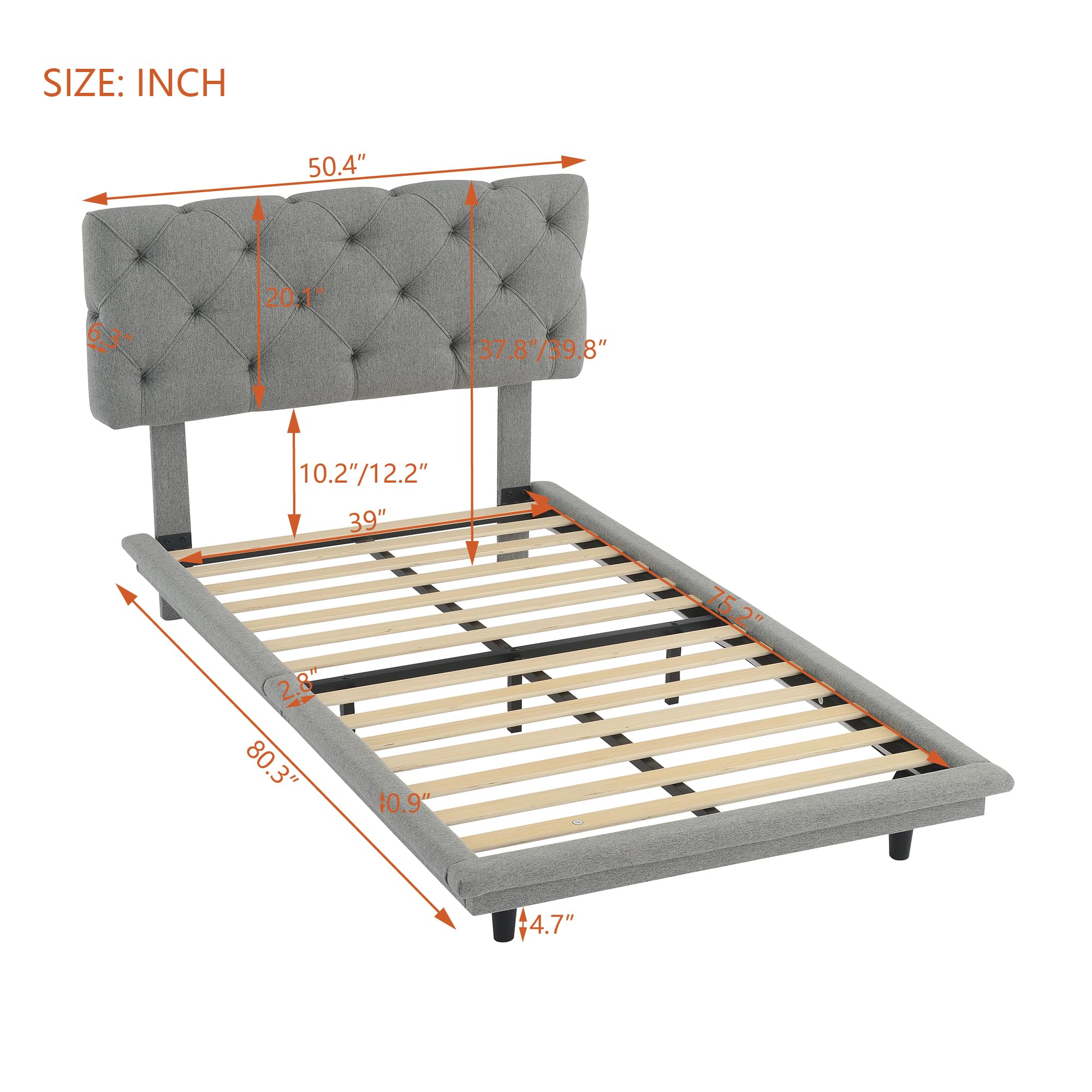 Twin Size Floating Platform Bed, Wooden Bed Frame with Light Stripe, Upholstered Bed with Soft Linen Fabric and Button-Tufted Design Headboard, Twin Platform Bed for Kids Teens Adult Bedroom, Grey.