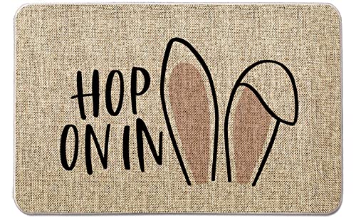 GAGEC Happy Easter Door Mat Hop On in Easter Doormat Cute Bunny Ears Entrance Rugs Spring Farmhouse Indoor Bathroom Home Kitchen Decorations Floor Front Door Mat Outdoor 17 x 27 Inch