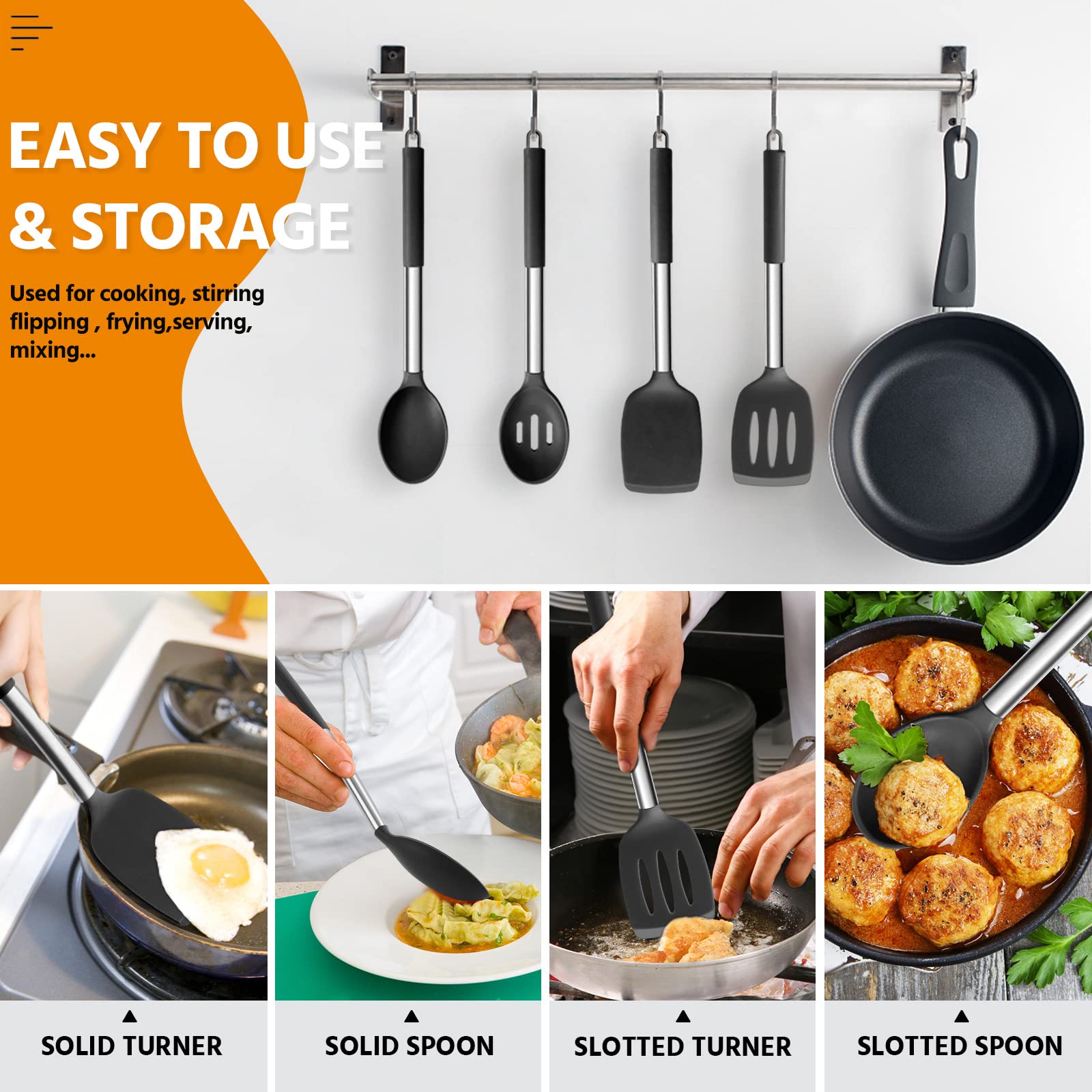 E-far Cooking Utensils Set of 4, Silicone Kitchen Utensils for Non-stick Cookware, Heat Resistant & Non-toxic Slotted Spatula Solid Spoon Turner for Flipping Mixing Serving Basting(Black)