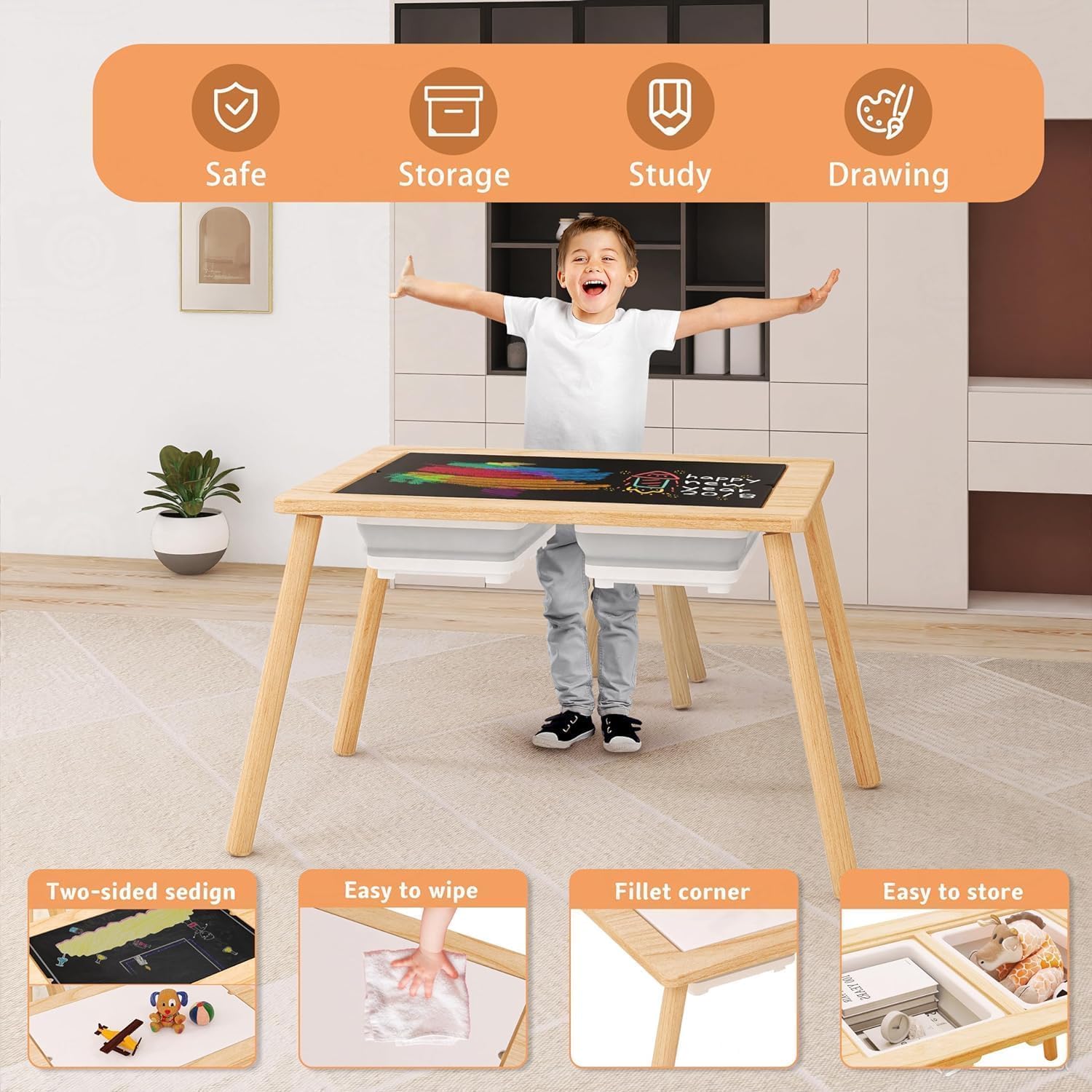 Upgraded Sensory Table for Toddlers 1-3, Indoor Kids Toddler Sensory Table with 2 Storage Bins Writable Lids, Sensory Activity Table with Chairs, Play Sand Table for Boys and Girls