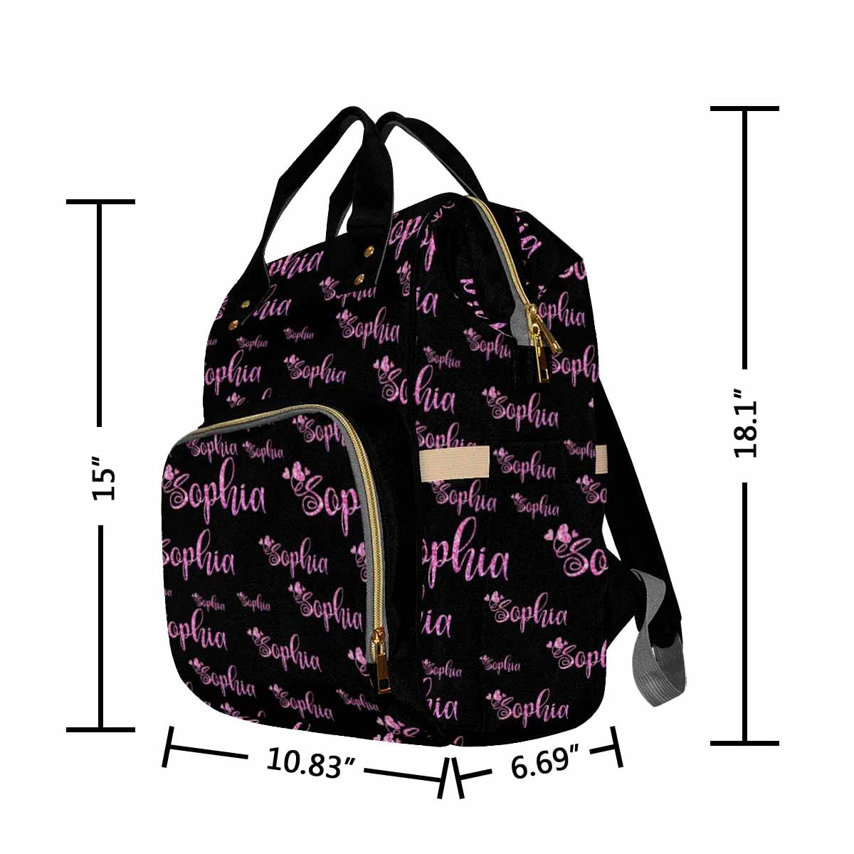 Personalized Diaper Backpack with Name, Pink Sparkle Name Logo Text Black Custom Diaper Bag Baby Nappy Bag Shoulder Bag Casual Daypack Bag for Mom Dad Multifunctional Travel