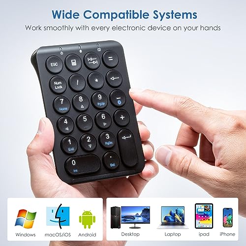 SANWA Bluetooth Numeric Keypad, Rechargeable Wireless Ten Key Number Pad, 22-Key Portable & Slim Financial Accounting Numpad for Laptop Computer, Compatible with MacBook, Windows, Android, iOS, Black