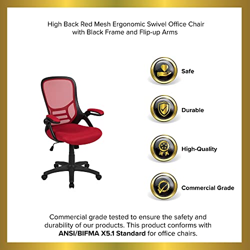 Flash Furniture Porter High Back Mesh Ergonomic Swivel Office Chair with Lumbar Support, Flip-Up Arms, Tilt Lock/Tilt Tension, Height Adjustable, Red/Black Frame