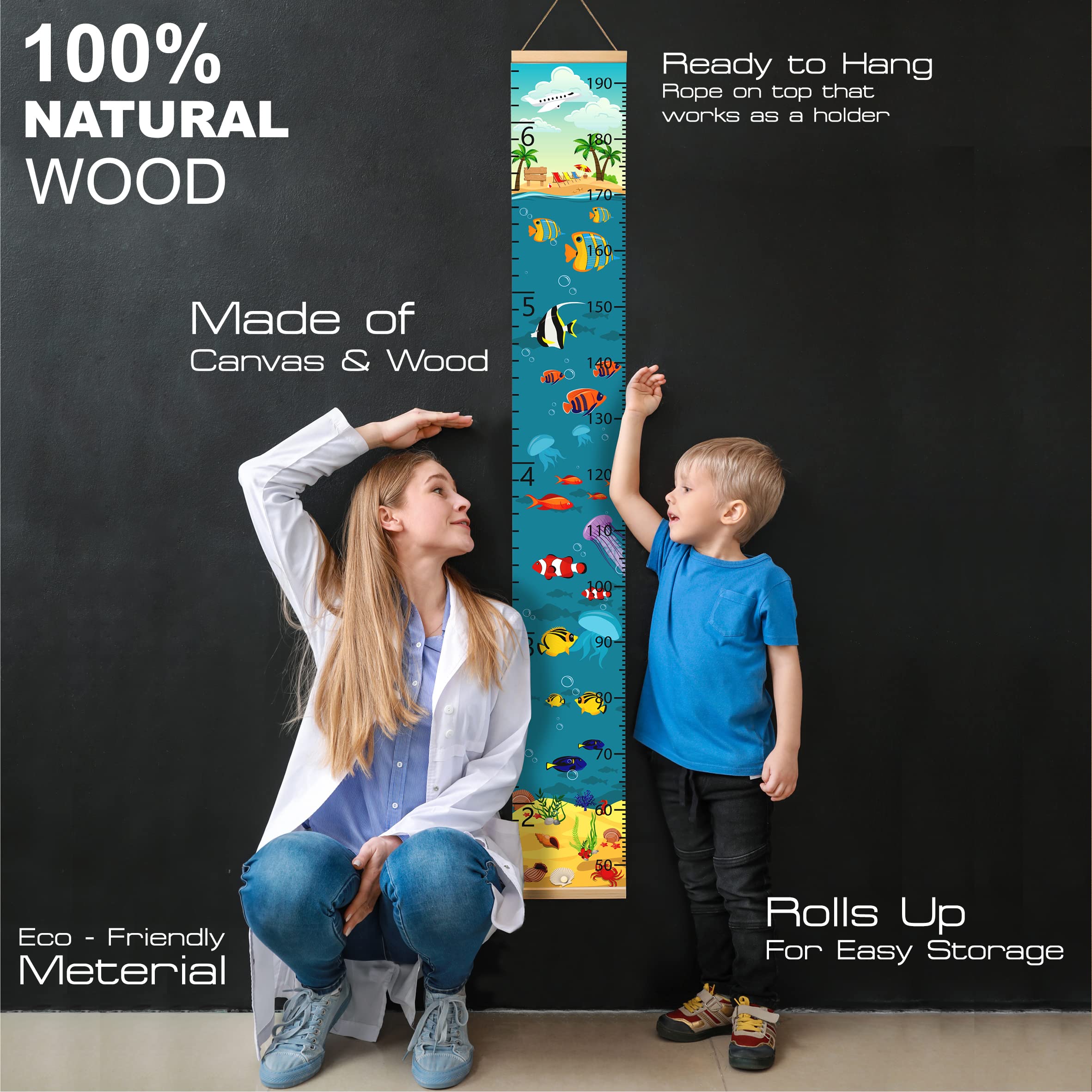Growth Chart for Kids, Removable Canvas Wall Hanging Measurement Baby Height Growth Chart Ruler,Natural Wood Frame (Design 2)