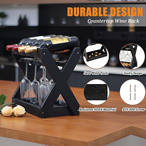 KORVOS Countertop Wine Racks with Glass Holder,4 Bottles Small Wine Rack,High-Density PE Tabletop Wine Bottle Holder for Kitchen, Living Room, Wine Cellar,Bar(Black Color)