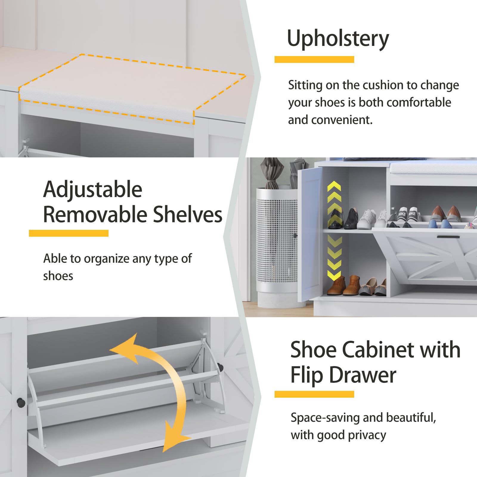 Maupvit Hall Tree with Bench and Shoe Storage, 5-in-1 Entryway Bench with Coat Rack, 6 Shoe Cubbies, 4 Coat Hooks, LED Lights and Adjustable Shelf, Shoe Bench with Soft Cushion for Hallways, White