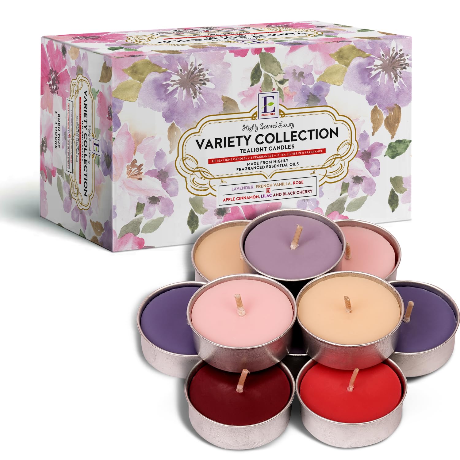 Scented Tealight Candles 90-Pack Bulk Variety Pack | Small Votives for Home & Weddings | Long Lasting Smokeless & Dripless | 6 Fragrances - Lavender, Vanilla, Rose, Apple Cinnamon, Lilac, Black Cherry
