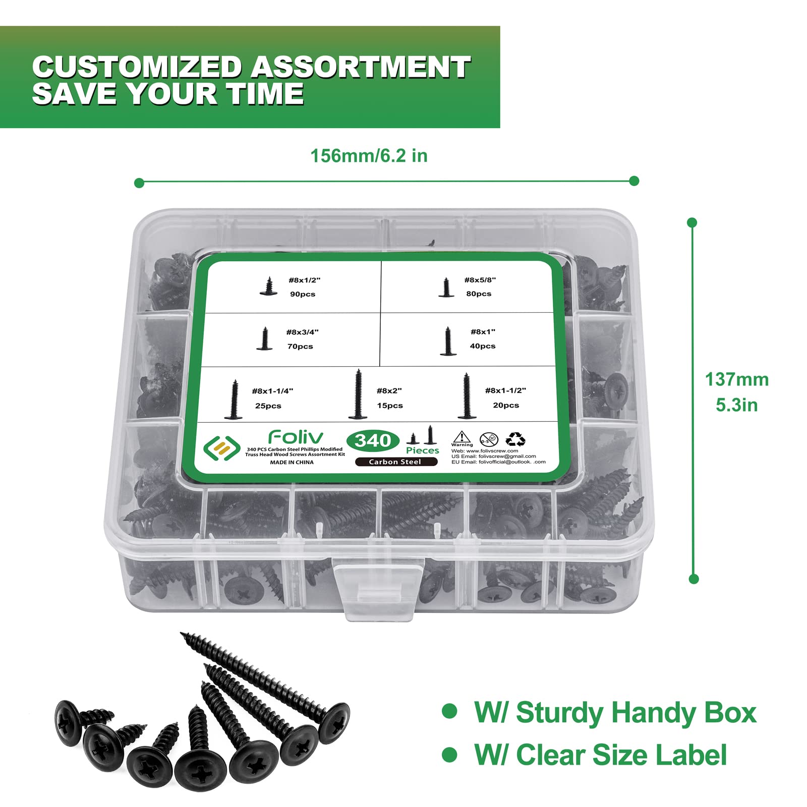 FOLIV 340PCS Black Wood Screws, 8 Phillips Modified Truss Head Self Tapping Screws Kit, Black Phosphate Steel, 7 Length Included