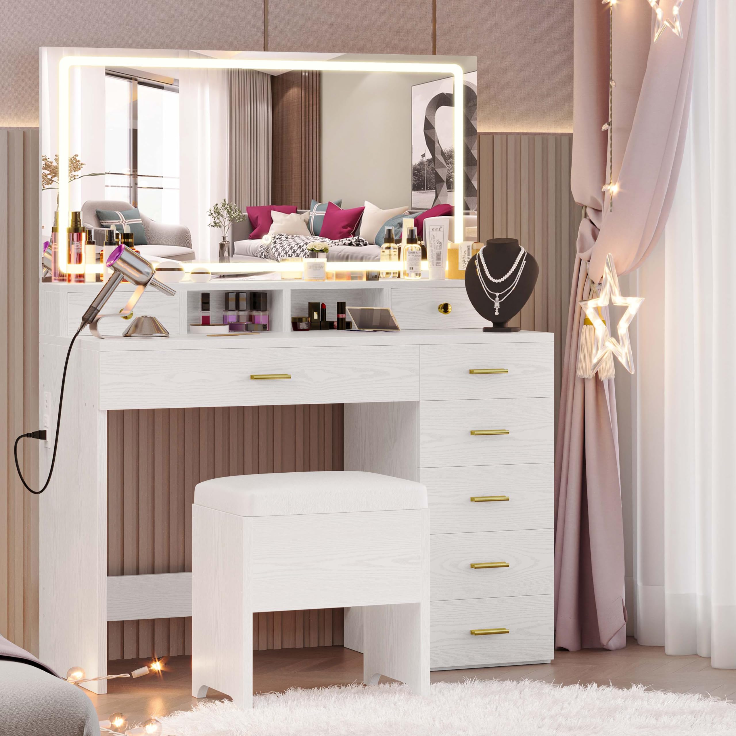 IRONCK Vanity Desk with LED Mirror and Lights and Power Outlet, Modern 8 Drawers Makeup Vanity Table with Storage Stool, for Bedroom, White