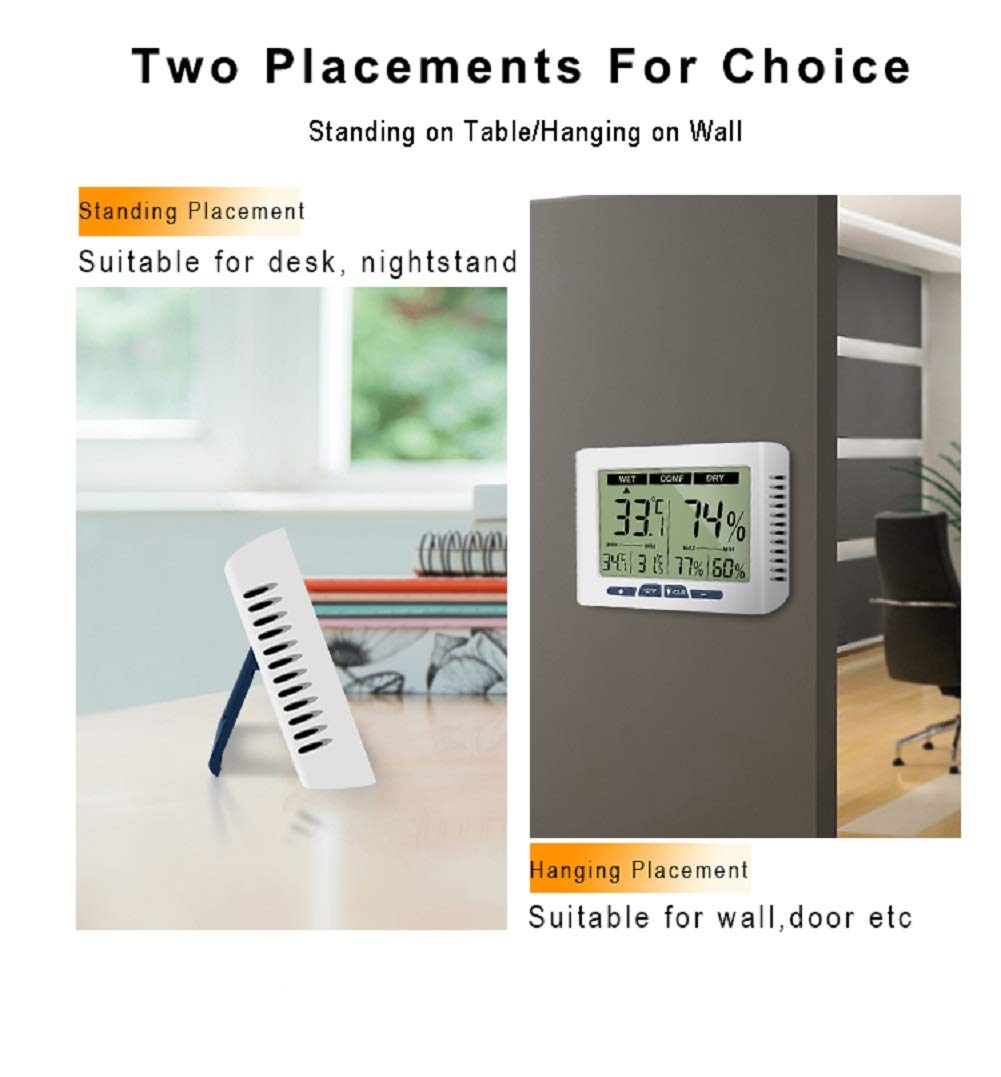 Digital Hygrometer Indoor Thermometer, Temperature Humidity Gauge with Backlit Accurate Monitor Clear Reading, °C/°F Switch, Accuracy Calibration, Max/Min Records, Ideal for Home, Office - White