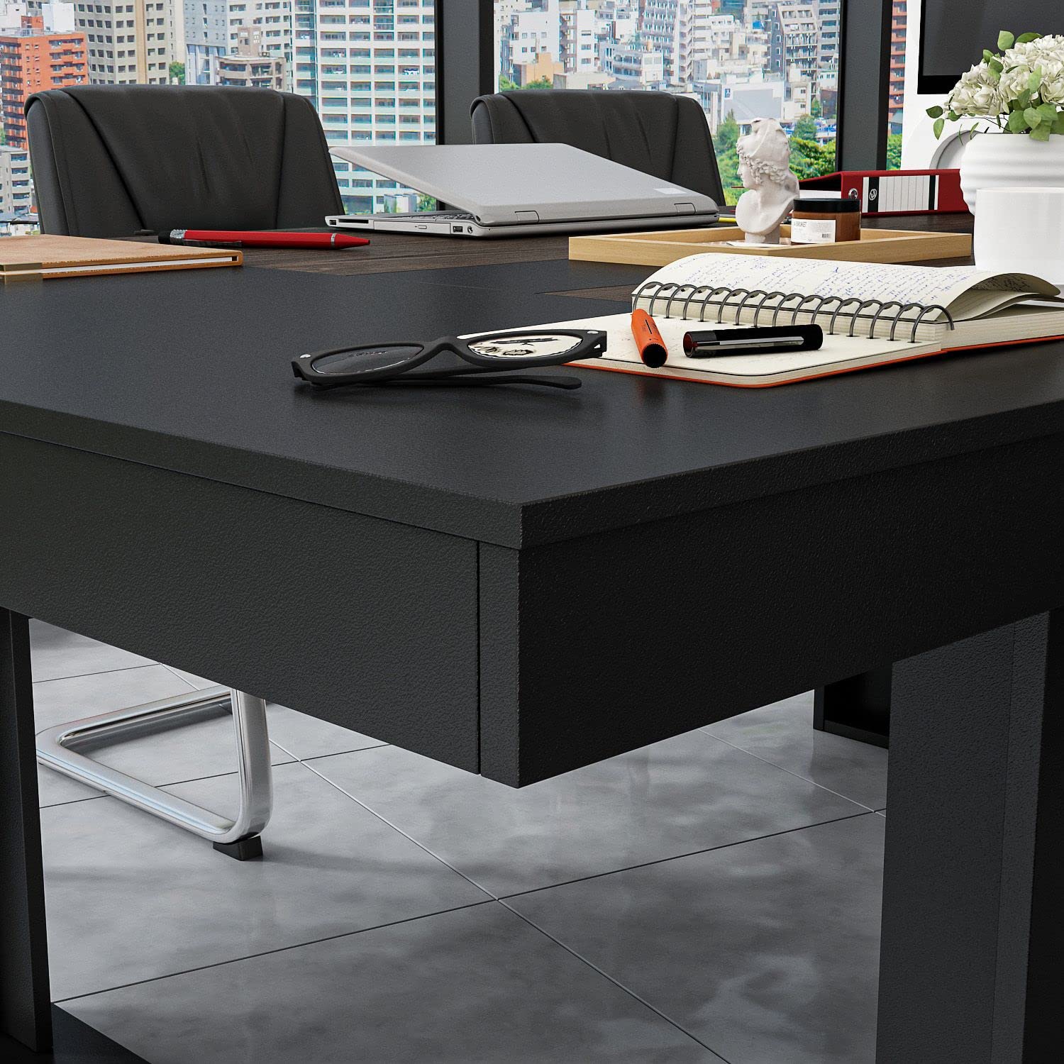 FAMAPY 7.2FT Conference Table Podcast Table, Black Metal Frame, Rectangular Office Table Meeting Table Podcast Table, Black and Deep Walnut (86.8”W x 47.2”D x 29.4”H)