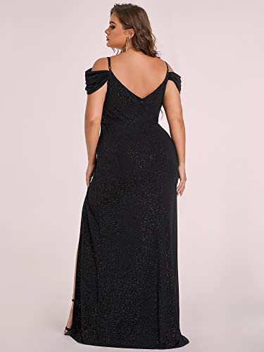 Ever-Pretty Plus Women's Curve V-Neck Cap Sleeves Leg Slit Long Plus Size Dress for Women Formal Black US22