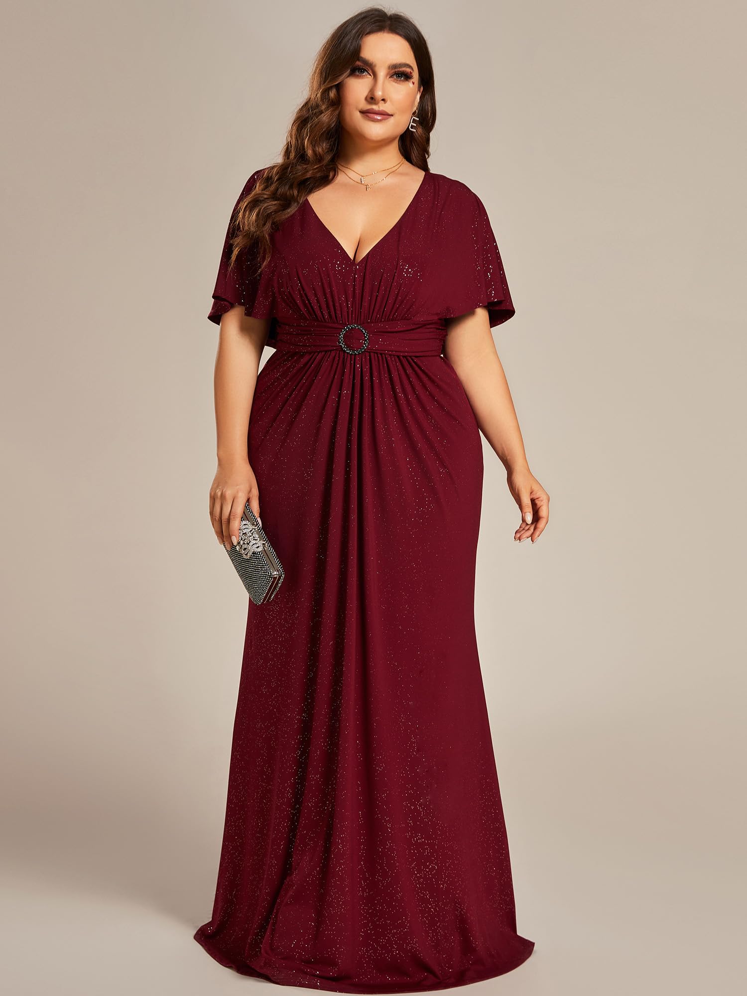 Ever-Pretty Plus Women's Glitter V-Neck Short Sleeve Plus Size Evening Formal Dress for Curvy Women Burgundy US18
