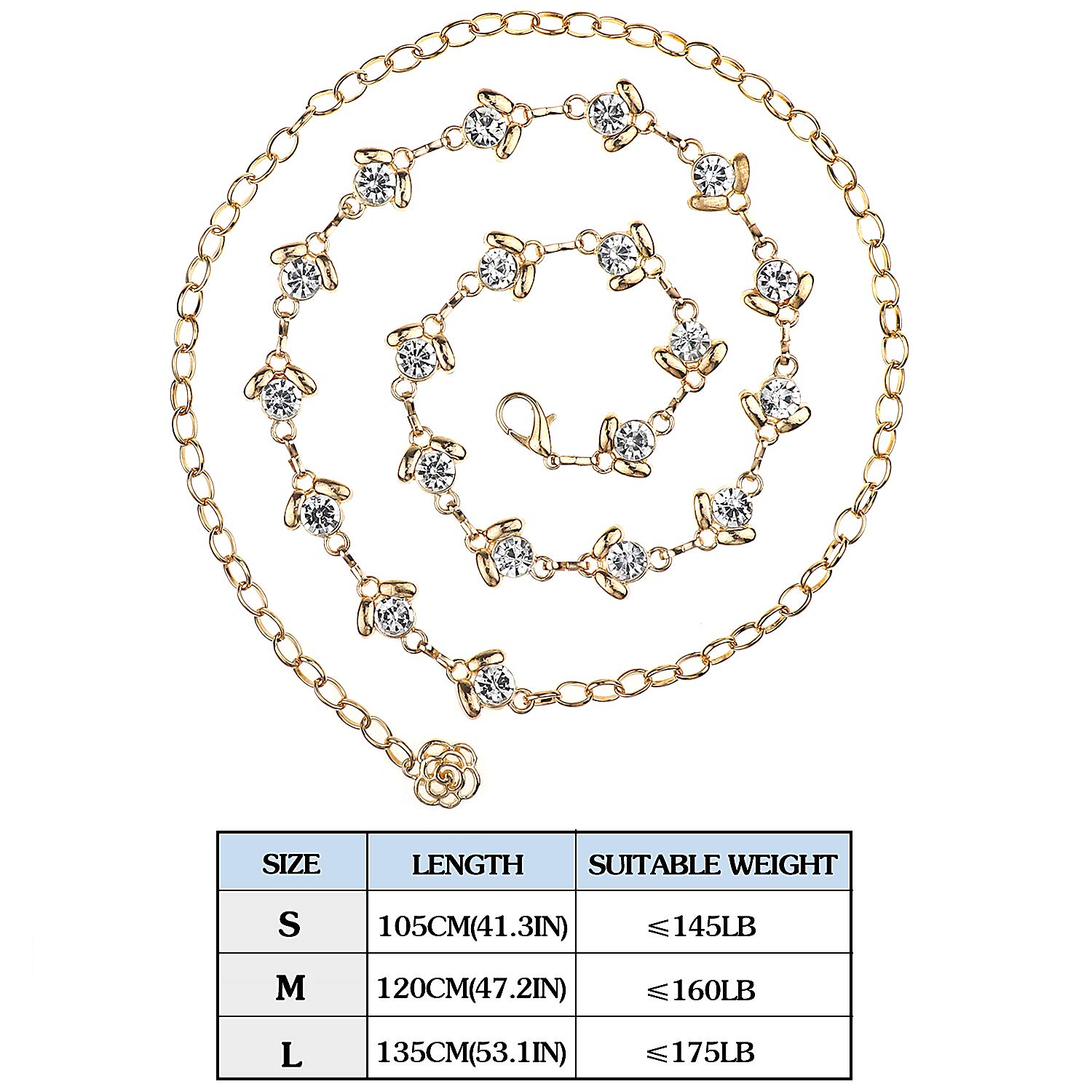DTWAWA Chain Belts for Women, Adjustable Rhinestone Waist Chain for Dress (Gold-120Centimeters)