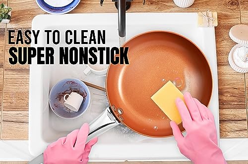 Razab Copper Frying Pan Set with Lids, 8", 9.5" & 11" Frying Pan Set, Nonstick Frying Pan Set, Copper Pans with Lid, Nonstick Skillets w/Lids 8", 9.5" & 11" Copper Pan Set