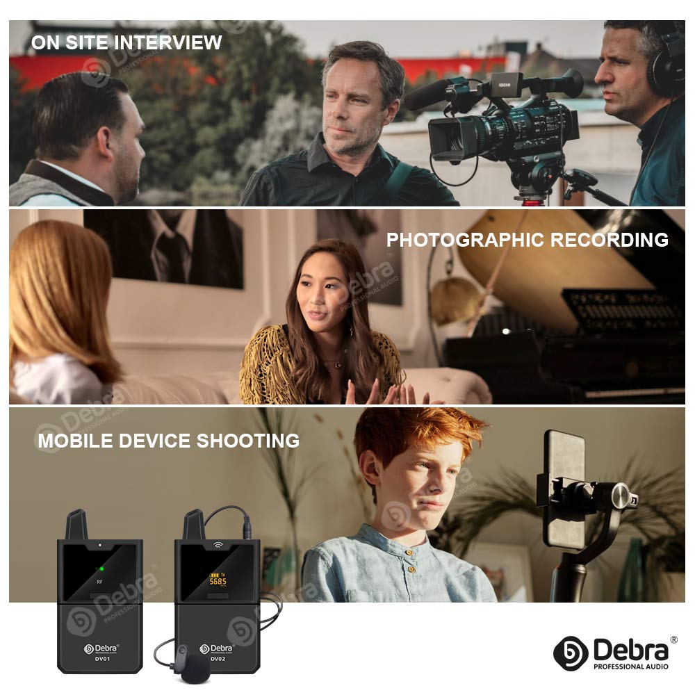 D Debra DV-02 UHF Wireless Lavalier Microphone with Remote Real-time Monitor Compatible with Smart Phone, DSLR Camera for Video Recording Interview