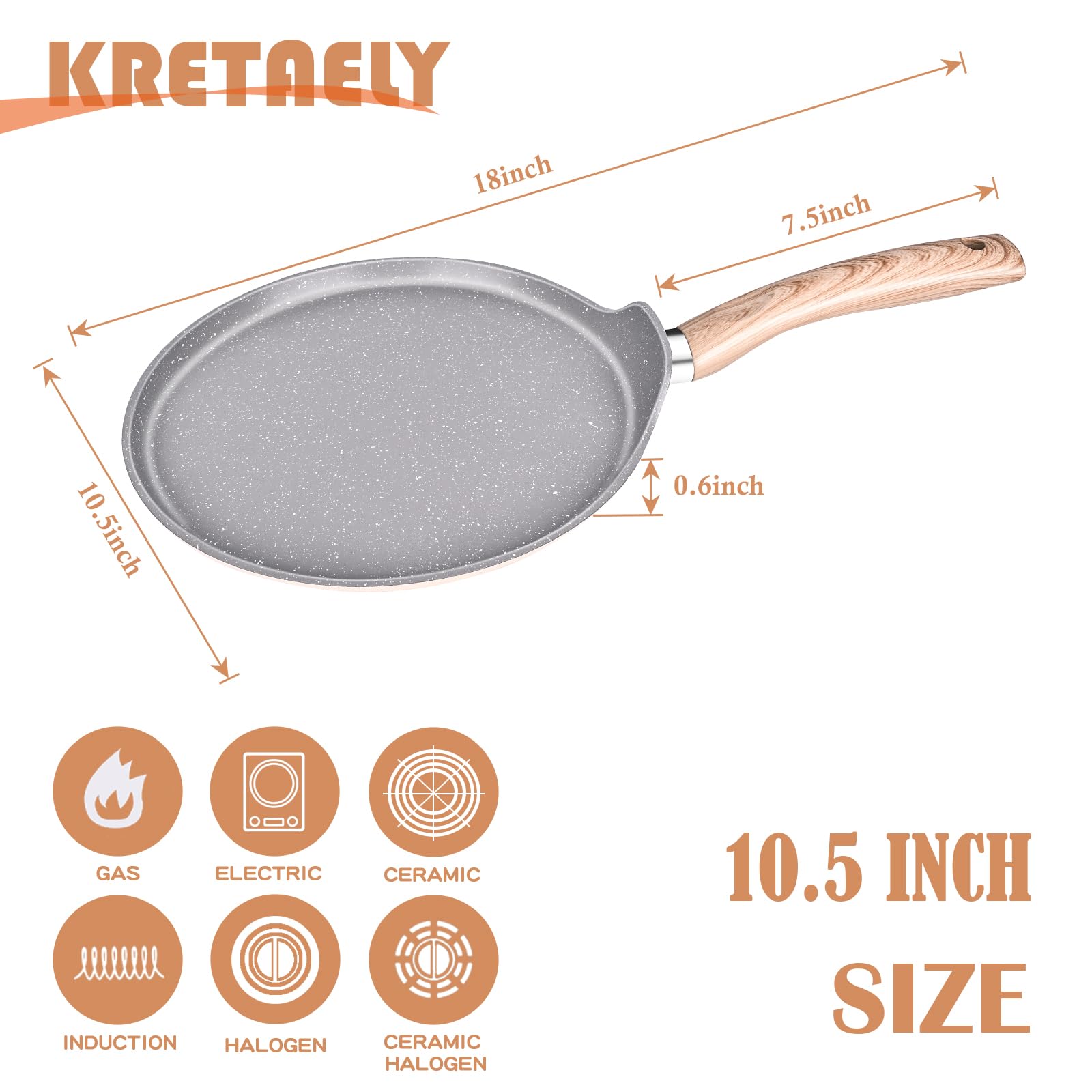 KRETAELY Crepe Pan Nonstick Crepe Maker with Spreader Dosa Pan Pancake Frying Pan with Granite Coating 10.5 inch Pancake Pan Induction Compatible PFOA Free