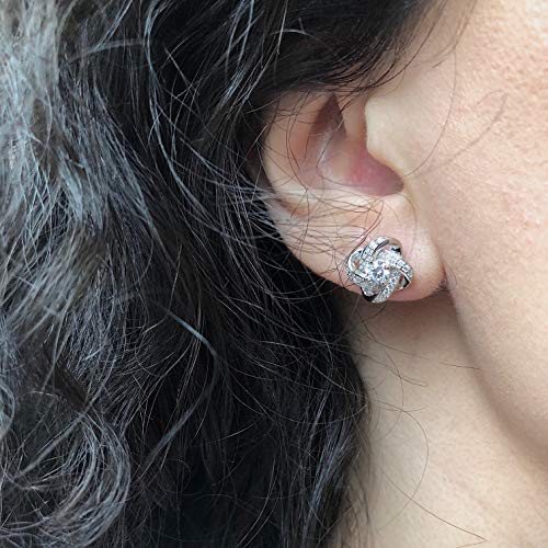 FANCIME White Gold Plated Real Sterling Silver Hypoallergenic Stunning Cubic Zirconia CZs Big/Large Daith Flower Knot Studs Earrings For Women Wedding Bridal,Size 12mm