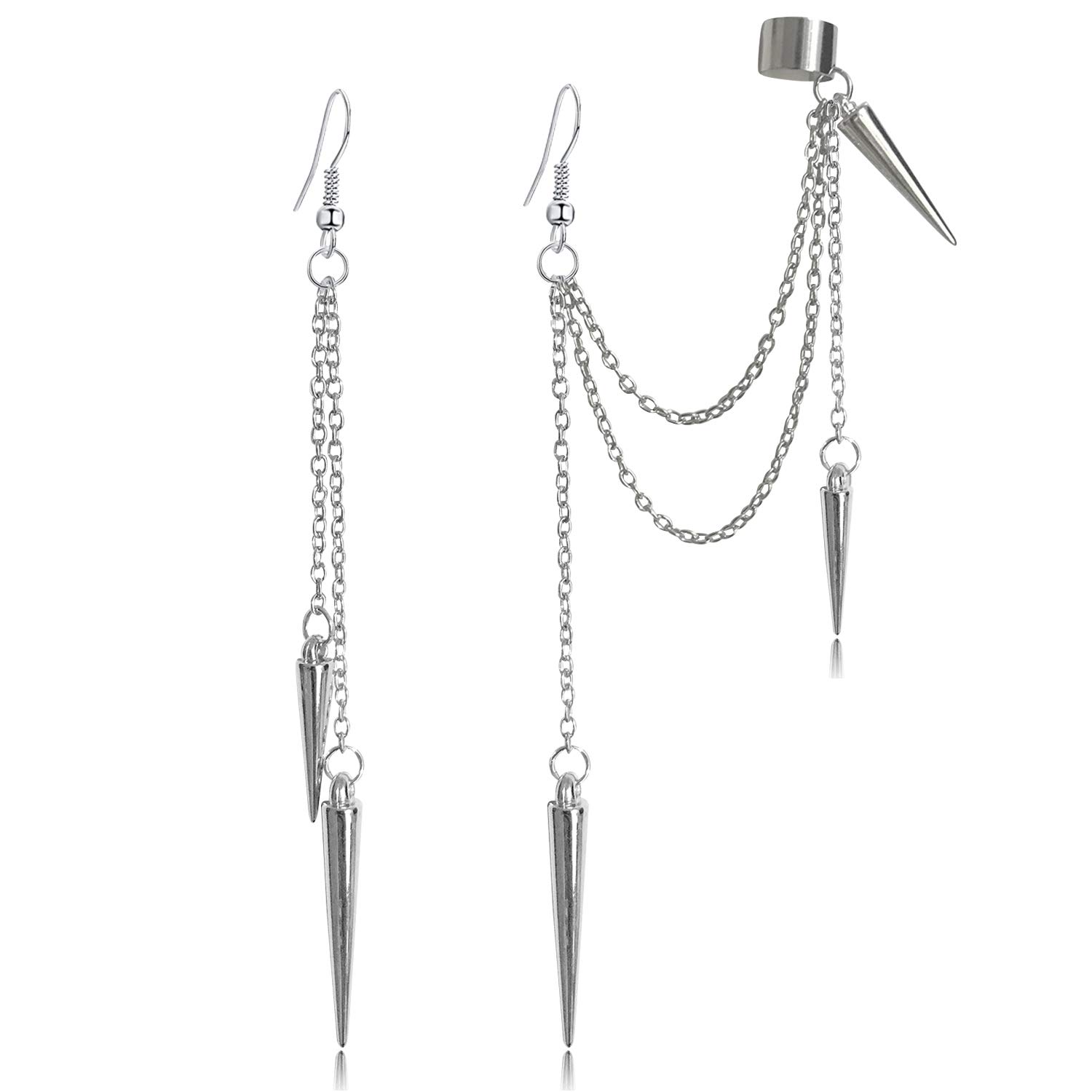 DAMLENG Lightweight Unique Black Punk Long Tassel Chain Ear Cuff Earrings 316L Stainless Steel Vintage Barrel Nails Crawler Climer Dangle Drop Earrings for Men Women Unisex (Silver)