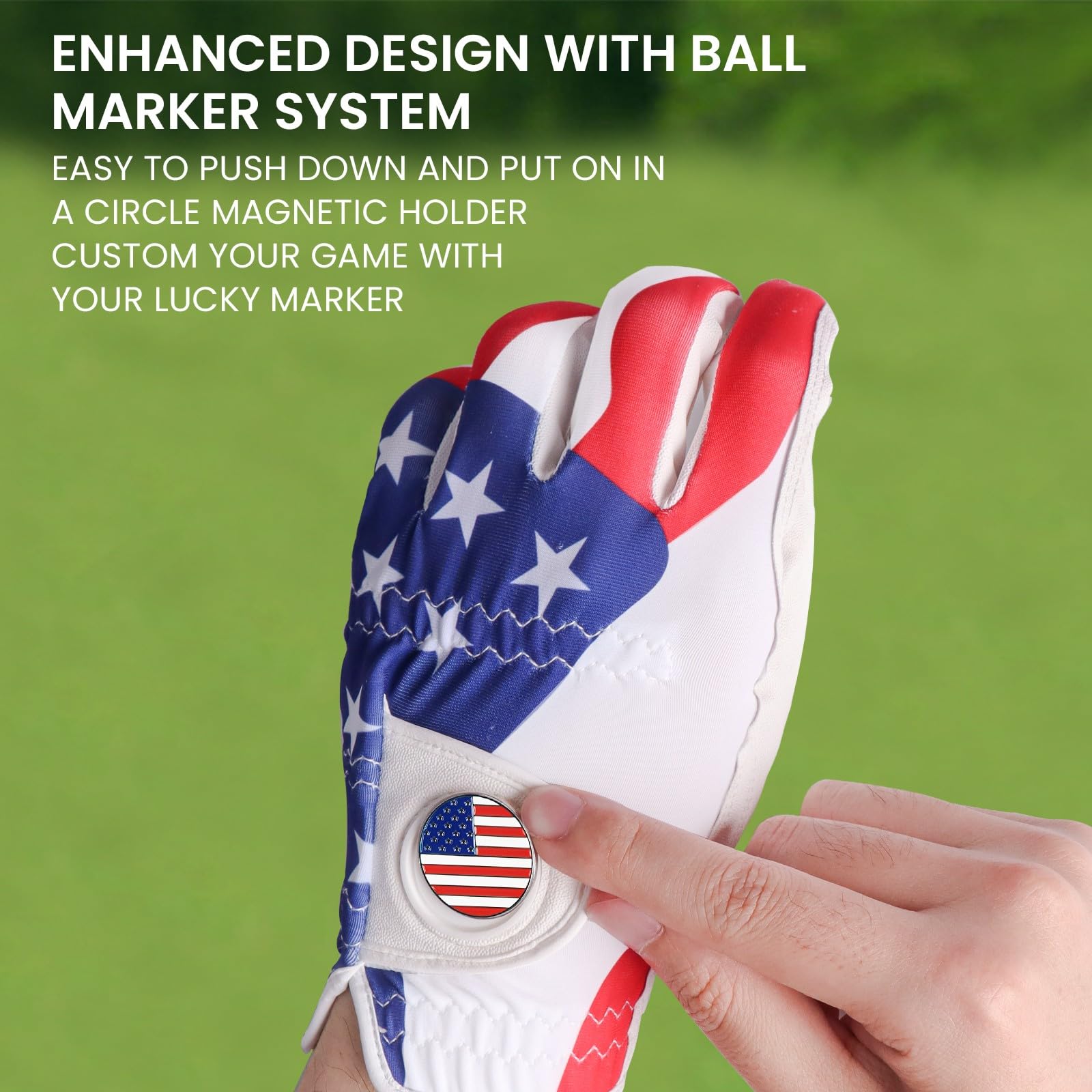 FINGER TEN Golf Gloves Men Left Hand Right Leather with Ball Marker USA Flag Pack, Mens Golf Glove All Weather Grip, Fit Size Small Medium ML Large XL (USA Flag, Large, Left)