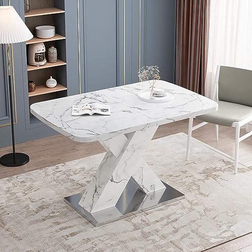 Modern Marble Top Dining Table, Extendable Marble Dining Table for 4-6, Expandable Dining Table with Faux Marble Top and Crossed Pedestal Base, Large Dining Table for Dining Room Kitchen (White)