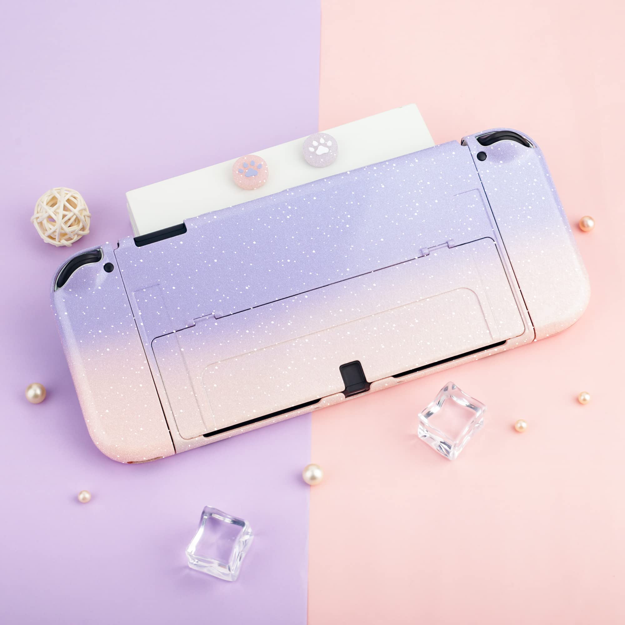 FANPL Glitter Case for Nintendo Switch OLED, Dockable Protective Case Cover for Switch OLED and Joy Con Controller with 2 Cat Paw Thumb Grips (Gradient Pink and Purple)