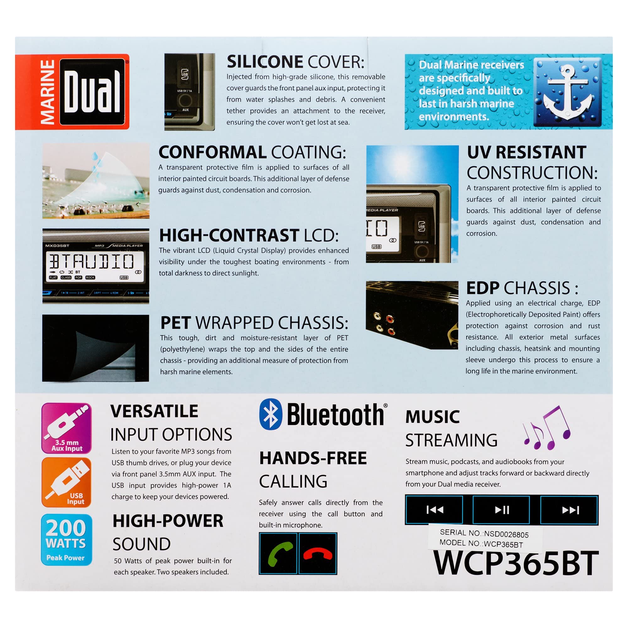Dual Electronics WCP365BT Marine Single DIN Stereo Receiver with AM/FM Tuner, Built-in Bluetooth, USB Port, Two 6.5 inch Dual Cone Marine Speakers & Marine Antenna Combo