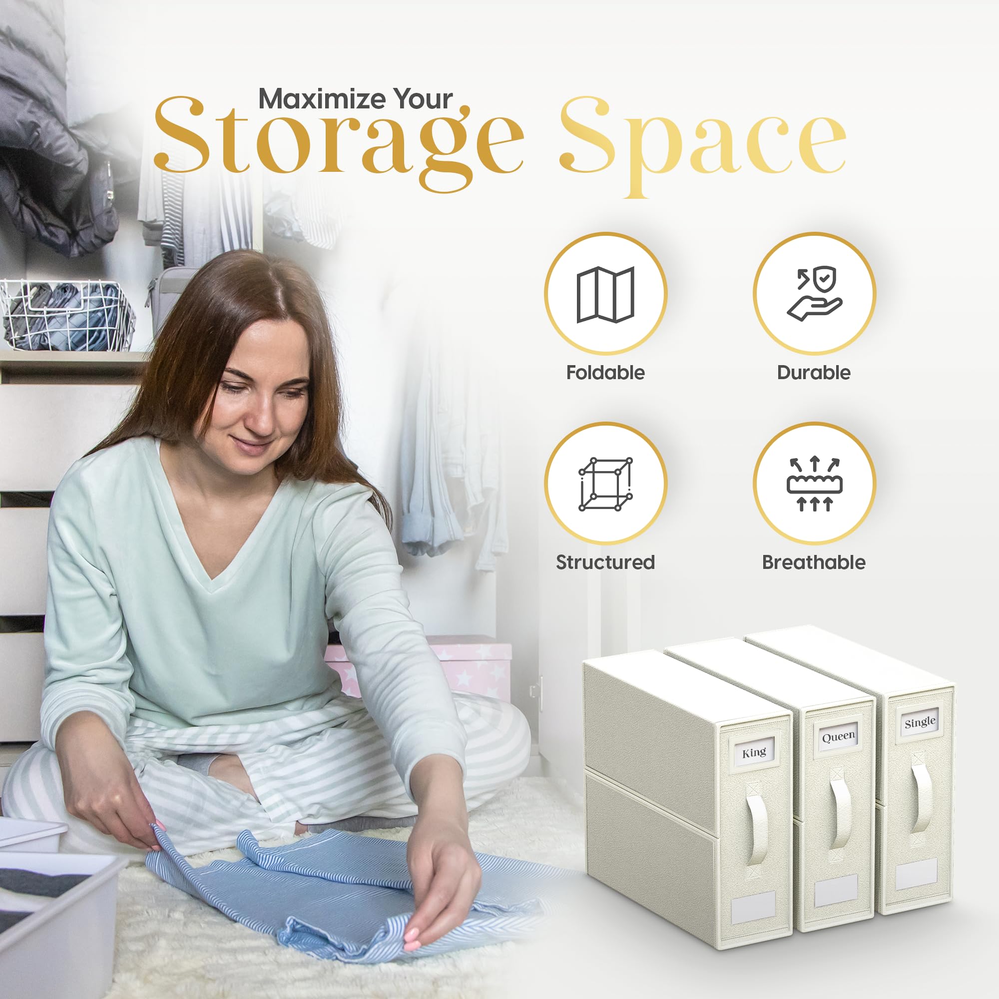 Luxury Lineup Bed Sheet Organizer 4 Pack, Foldable Linen Closet Organizers and Storage, Sheet Organizer Queen & King Size, Bedding Storage Box for Bedsheets, Duvet Covers and Pillow