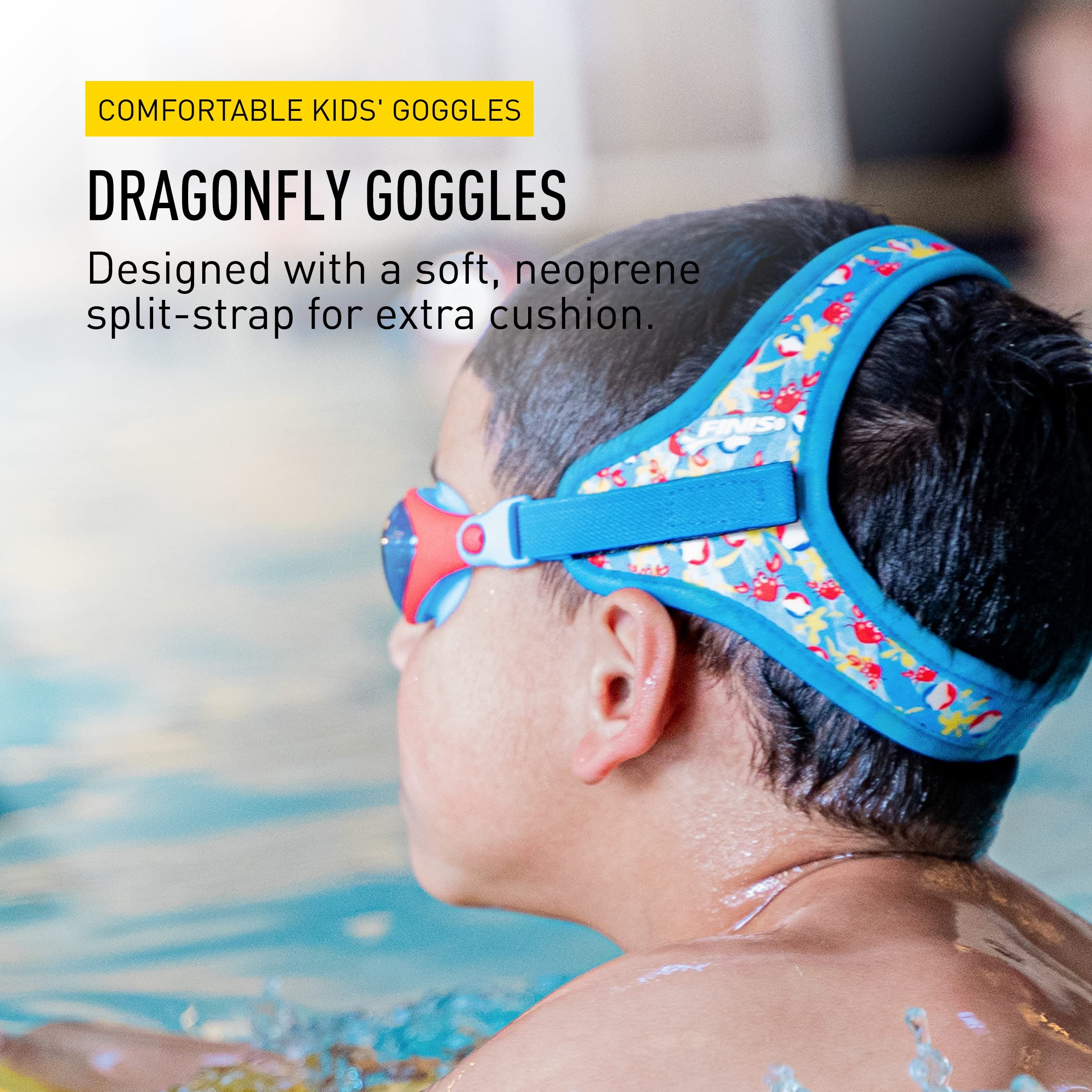 FINIS DragonFly Goggles - Kids Swim Goggles for Ages 4-12 with UV Protection, Buoyant Neoprene Strap, and Durable Lenses - PVC- and Latex-Free - Crab
